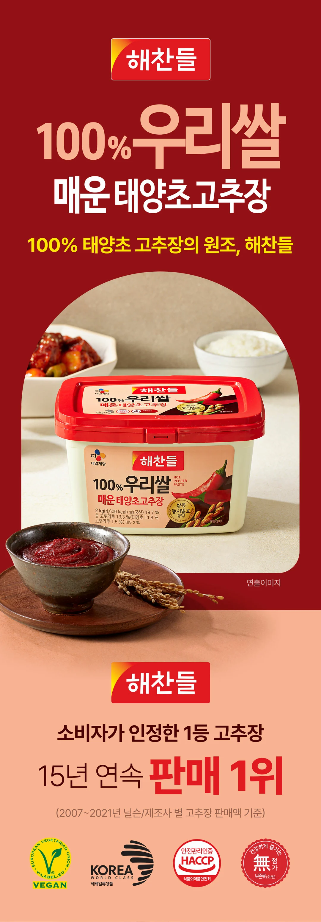 해찬들 100% 우리쌀 매운 태양초 고추장 1kg | 상품상세 | CJ더마켓 - CJ제일제당 공식몰