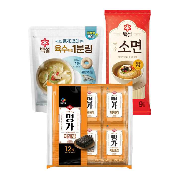 [잔치국수 완벽세트 1]백설 멸치디포리 육수에는 1분링 200g+백설 국수 소면 900g+CJ명가 재래김 4gX16봉