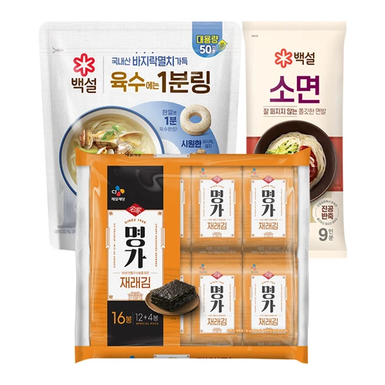 [잔치국수 완벽세트 2]백설 바지락멸치육수에는1분링200g+백설 소면 900g+CJ명가 재래김 4gX16봉 | 상품상세 | CJ더마켓 - CJ제일제당 공식몰