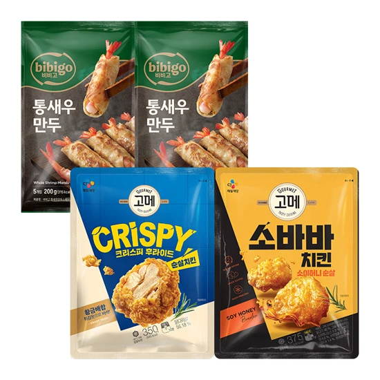 비비고 통새우만두 200g X 2개(소비기한:2025-12-13) + 고메크리스피후라이드순살치킨 350g X 1개 + 고메소바바 ...